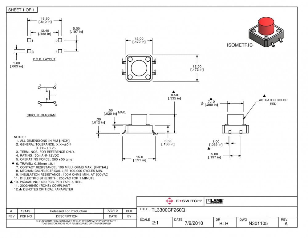 E-Switch TL3300CF260Q technical drawing