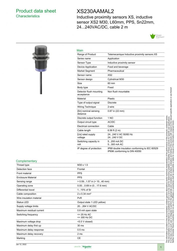 XS230AAMAL2 technical document page 1