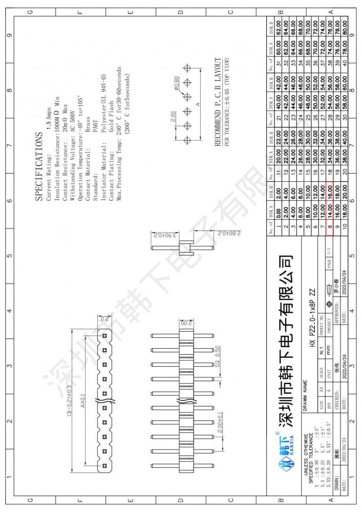 HX PZ2.0-1x8P ZZ drawing page 1
