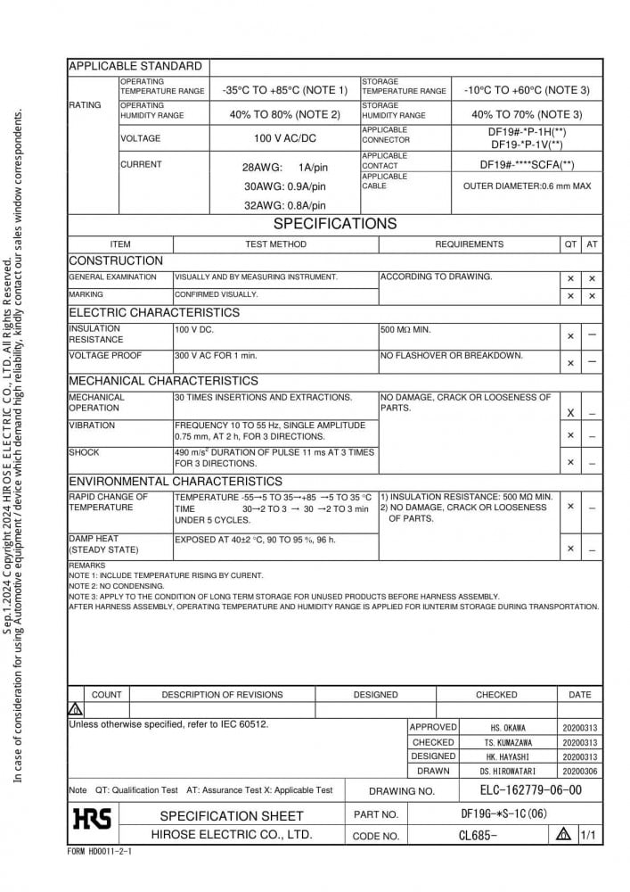 HRS DF19G-30S-1C(06) specification sheet preview