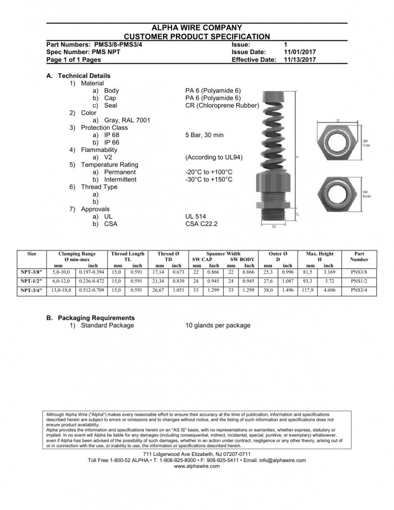 Alpha Wire PNS NPT cable gland customer product specification