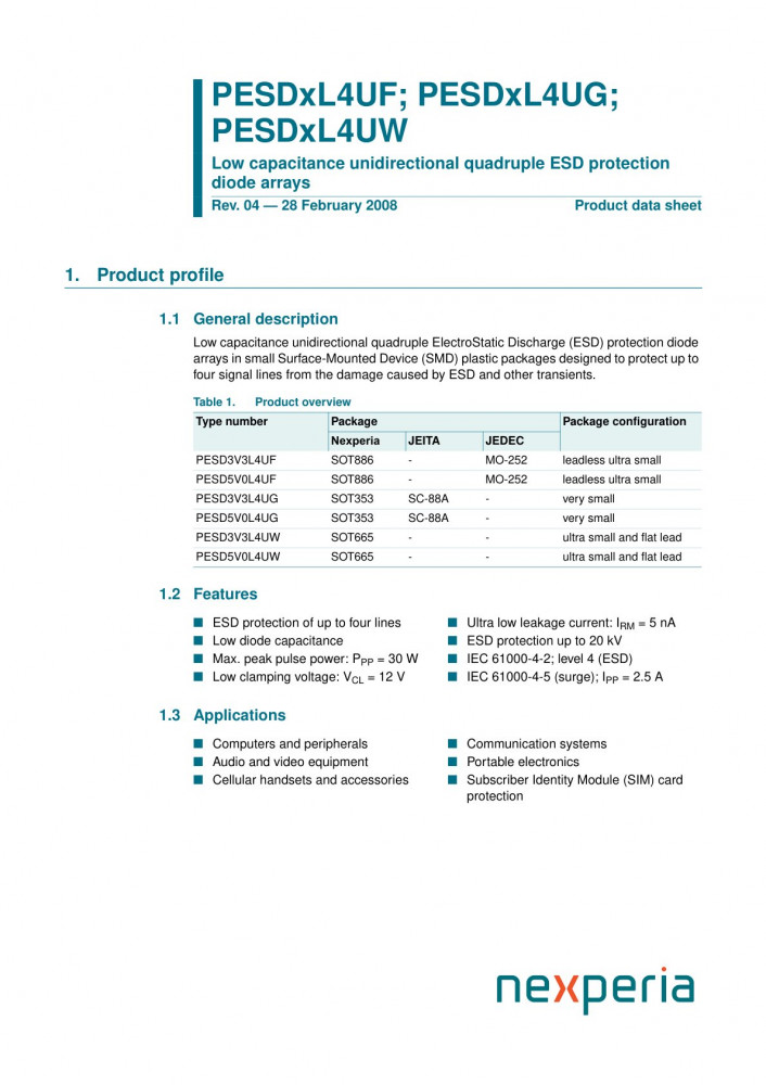 PESD5V0L4UG datasheet page 1