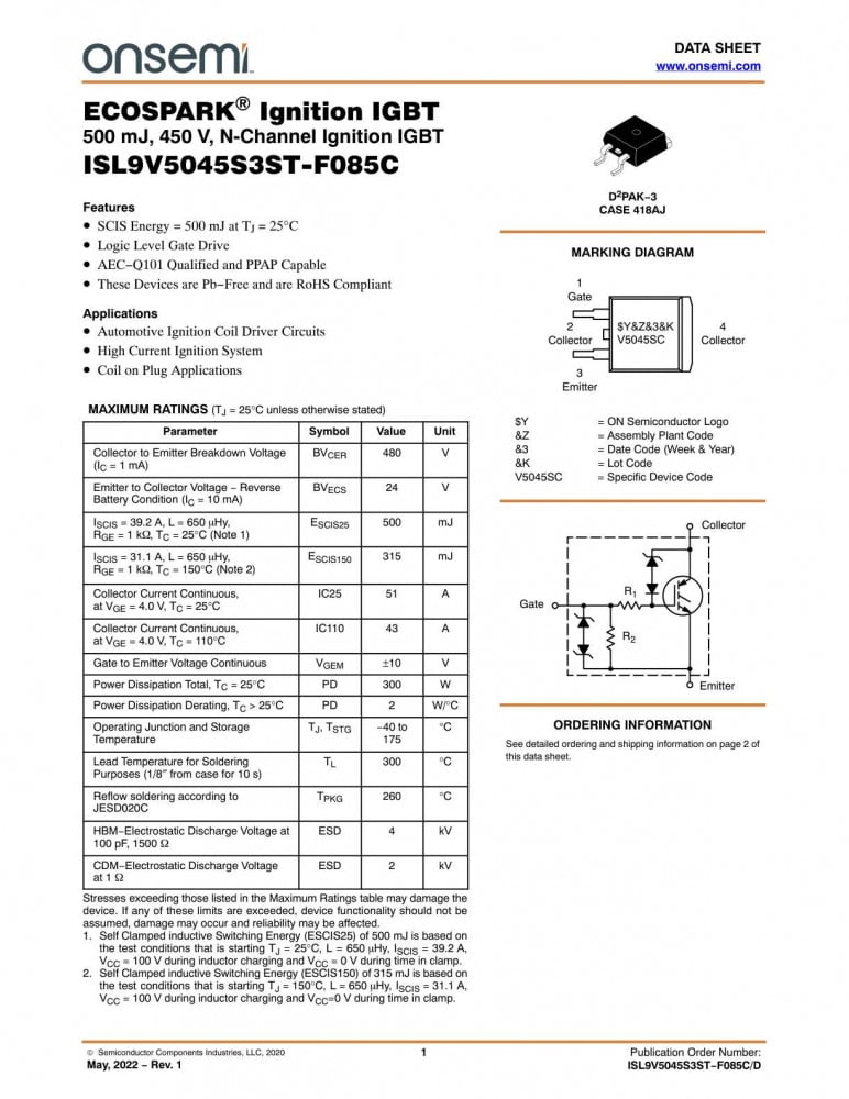 ISL9V5045S3ST-F085C datasheet page 1