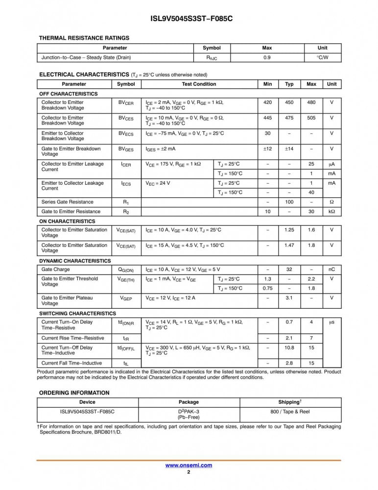 ISL9V5045S3ST-F085C datasheet page 2