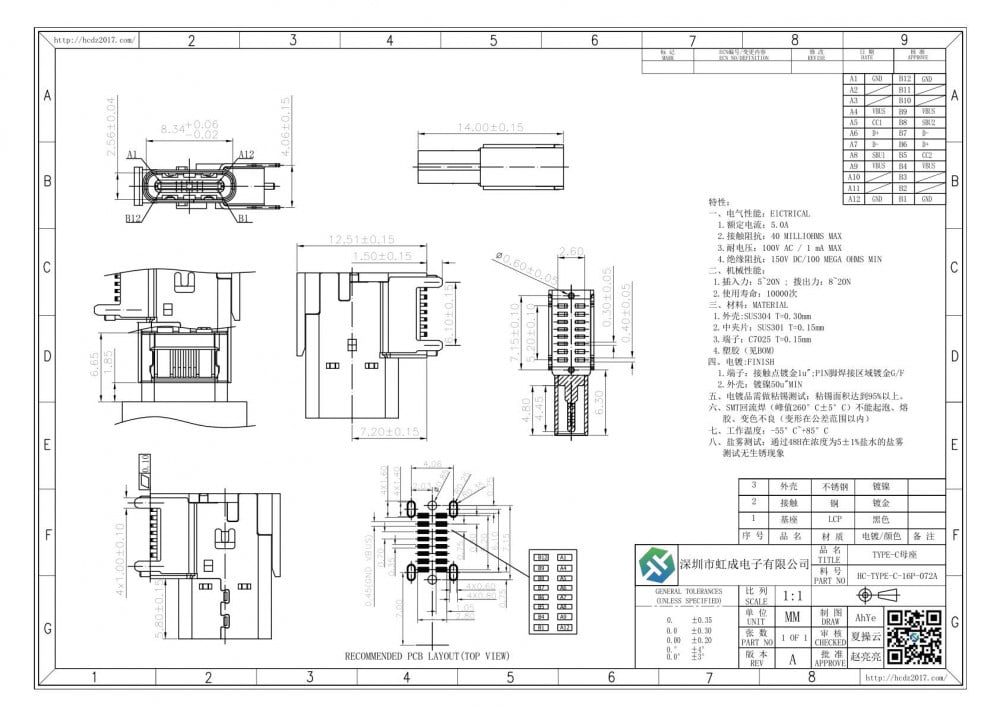 HC-TYPE-C-16P-072A technical drawing and PCB layout