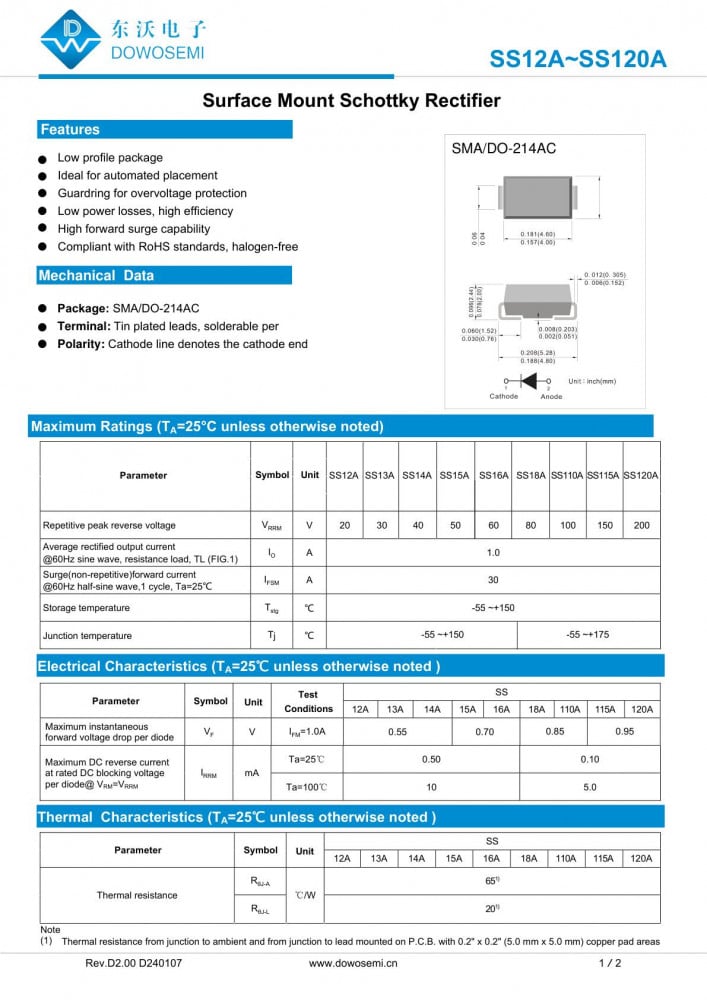 DOWO SS14A datasheet page 1