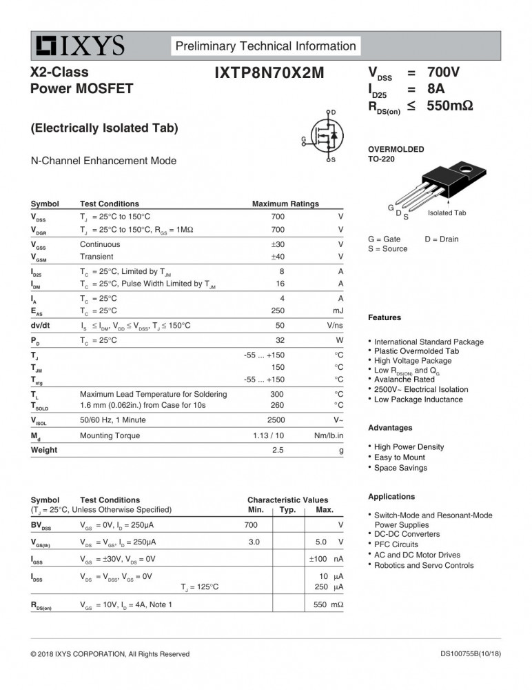 IXTP8N70X2M datasheet page 1