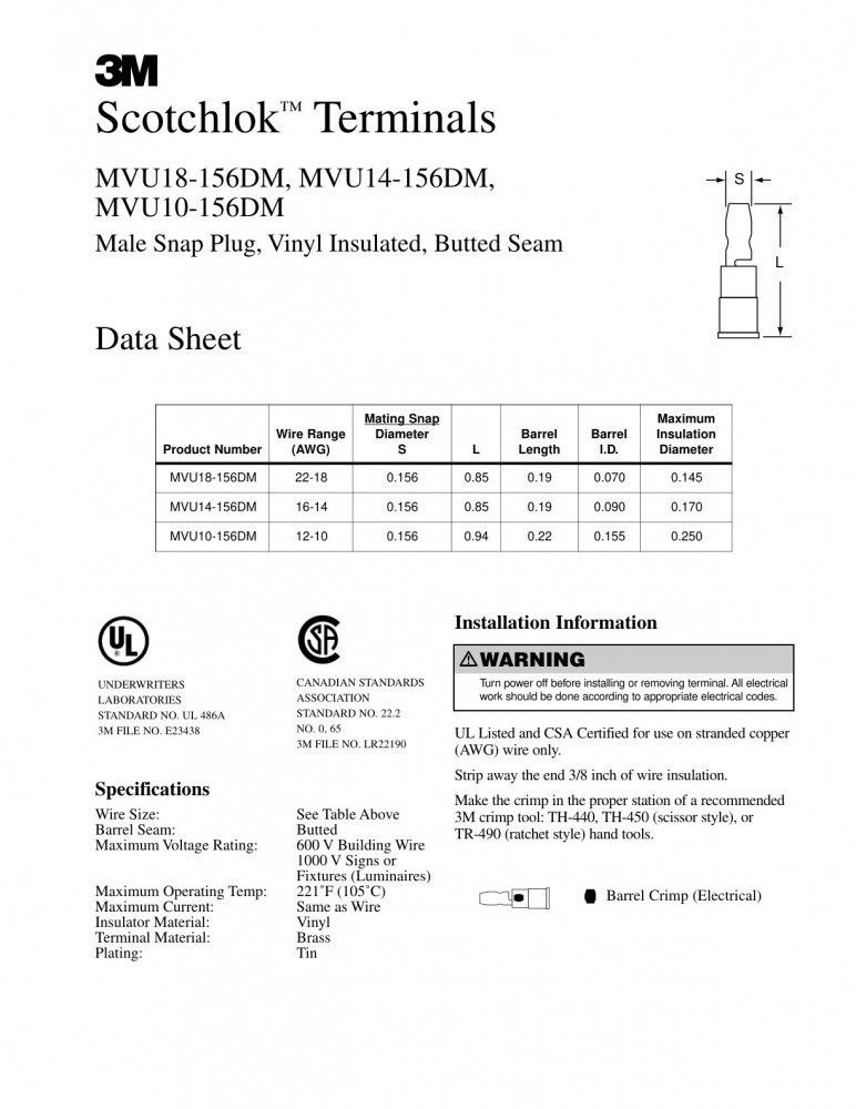 3M Scotchlok MVU14-156DM terminal datasheet page 1