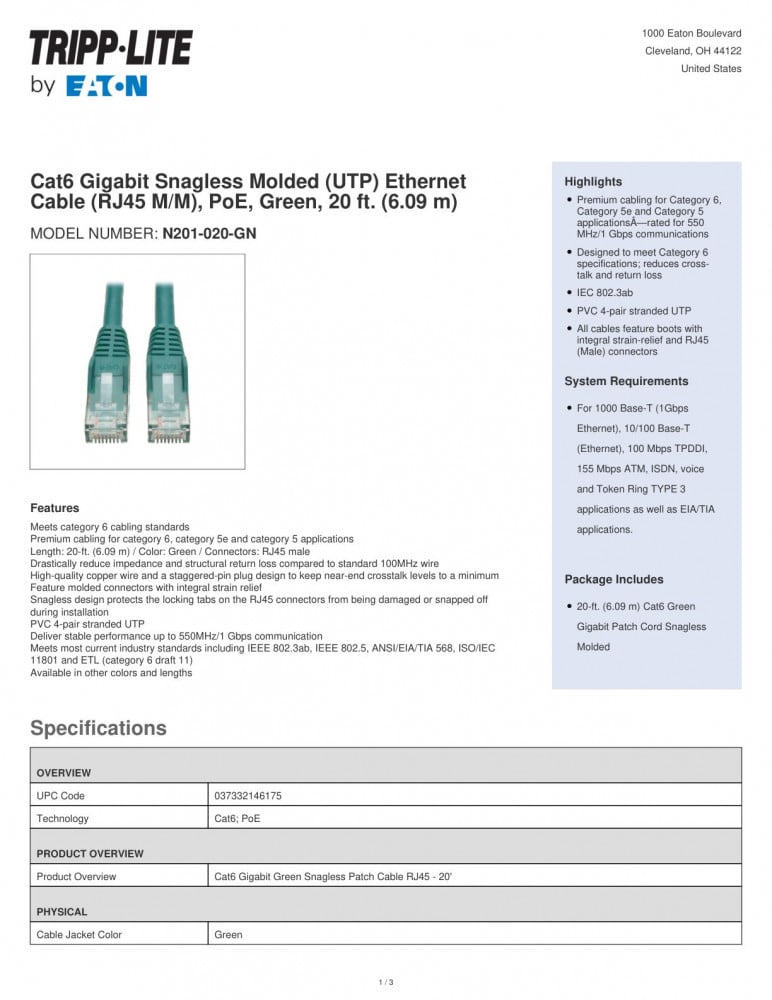 EATON N201-020-GN technical document page 1