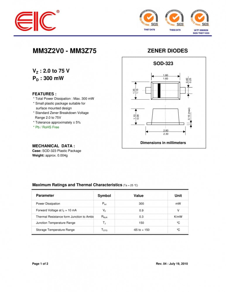 EIC MM3Z series datasheet page 1