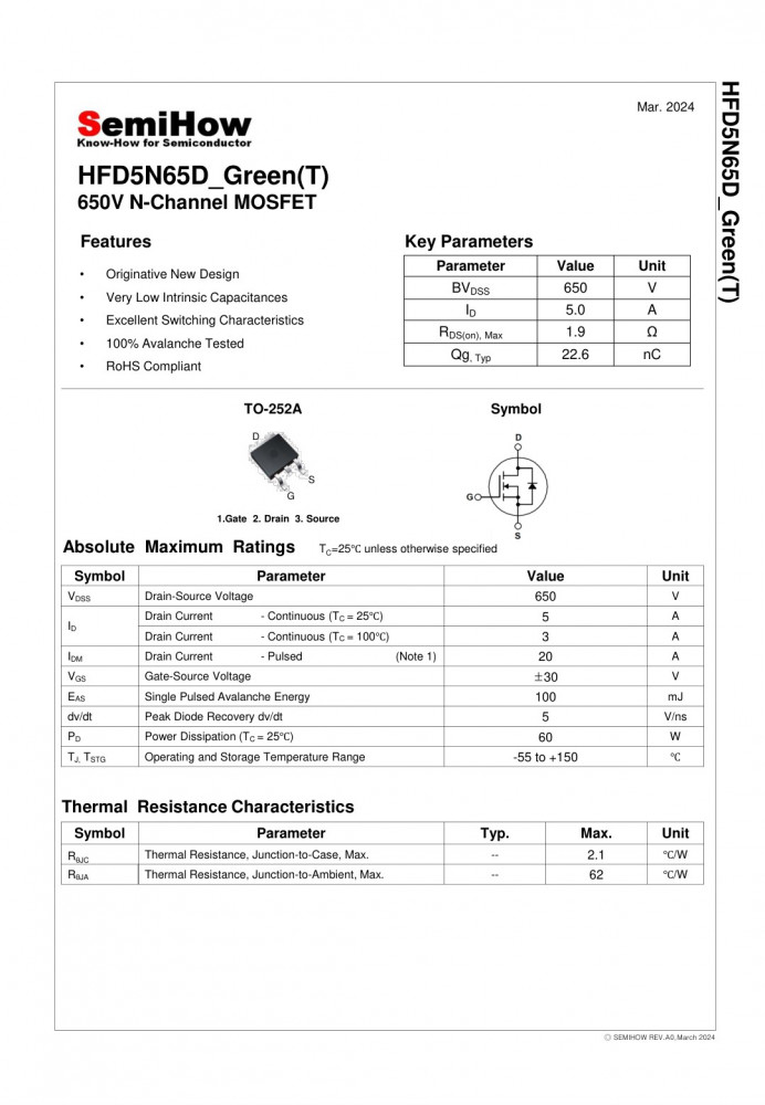 HFD5N65D technical document page 1
