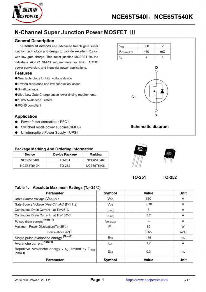 NCE65T540K datasheet page 1