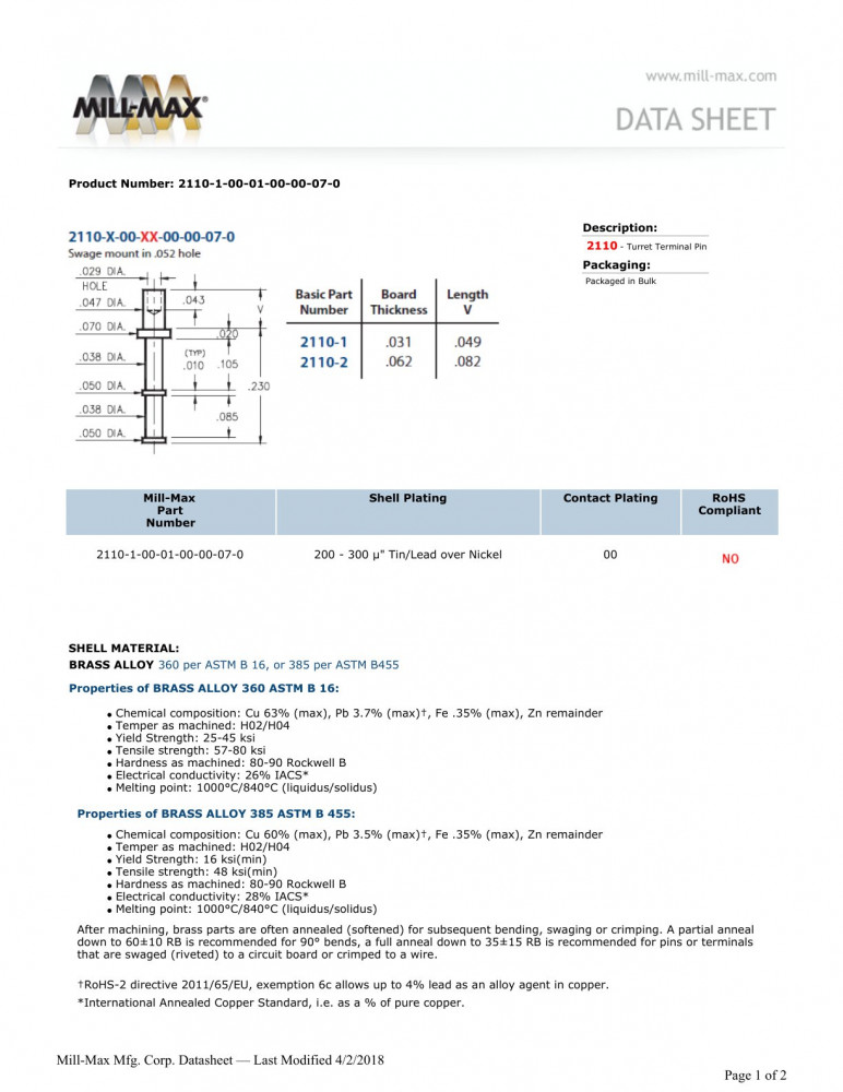 Mill-Max 2110 series technical document page 1