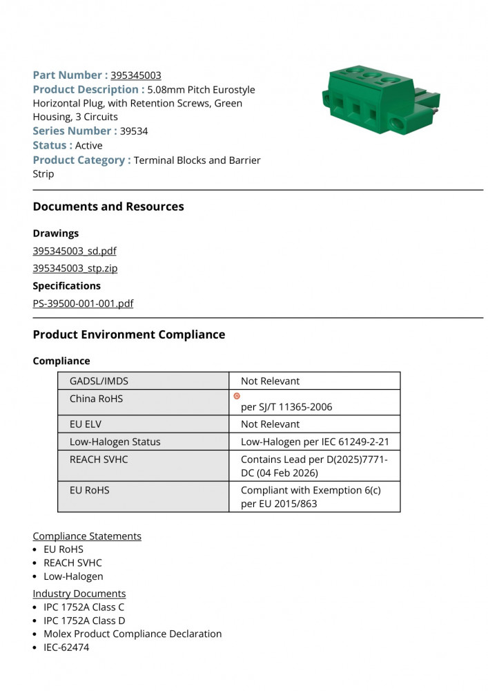 ESE Eurostyle terminal blocks product specification, page 1