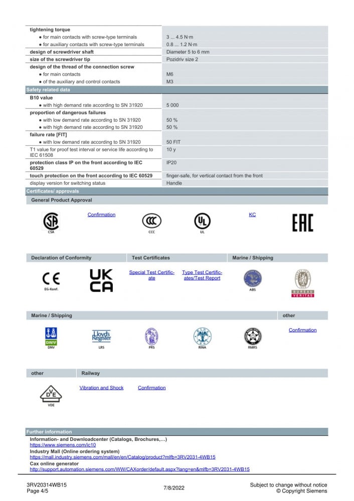 3RV20314WB15 datasheet page 4