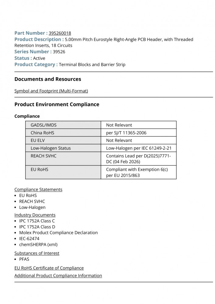 Technical document page 1 for MOLEX 395260018