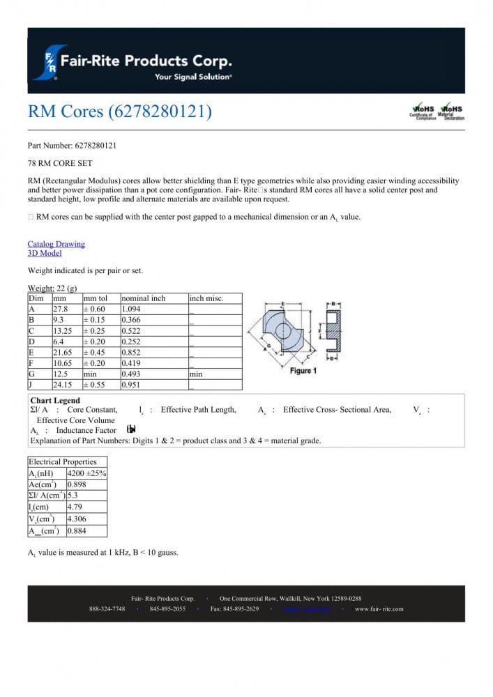 Fair-Rite 6278280121 RM core set catalog drawing