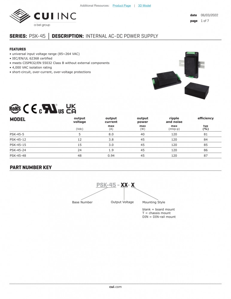CUI PSK-45 datasheet page 1