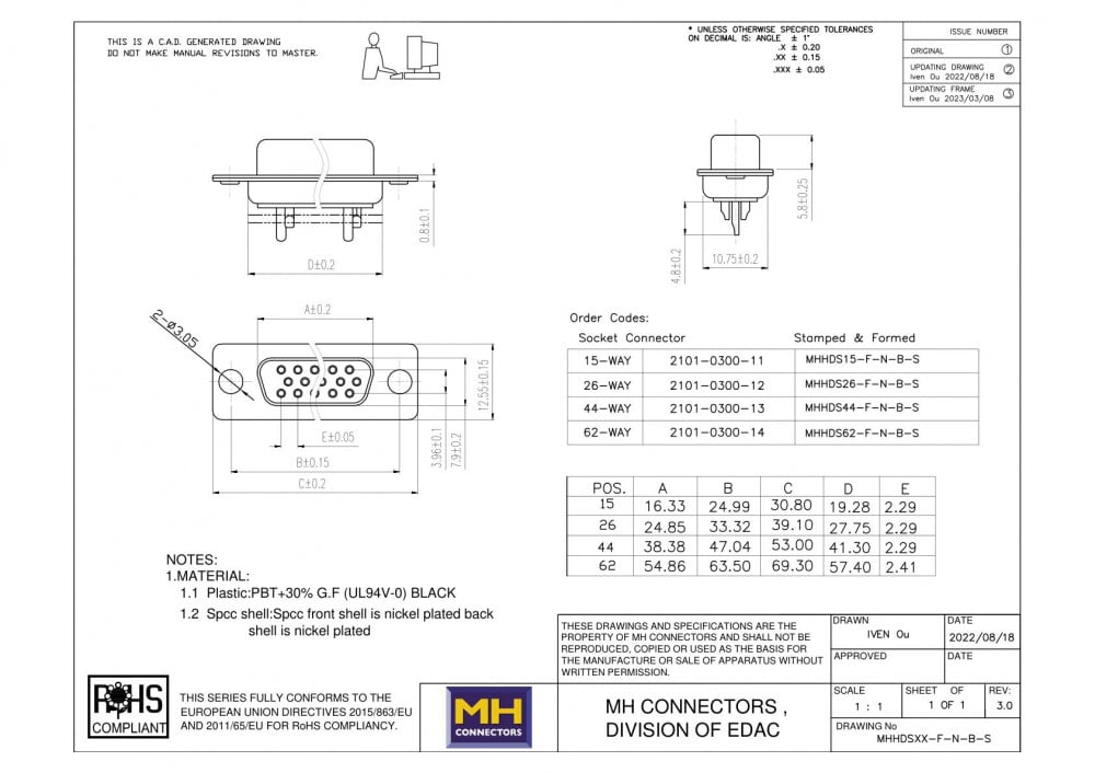 MH CONNECTORS MHHDS26-F-N-B-S technical drawing