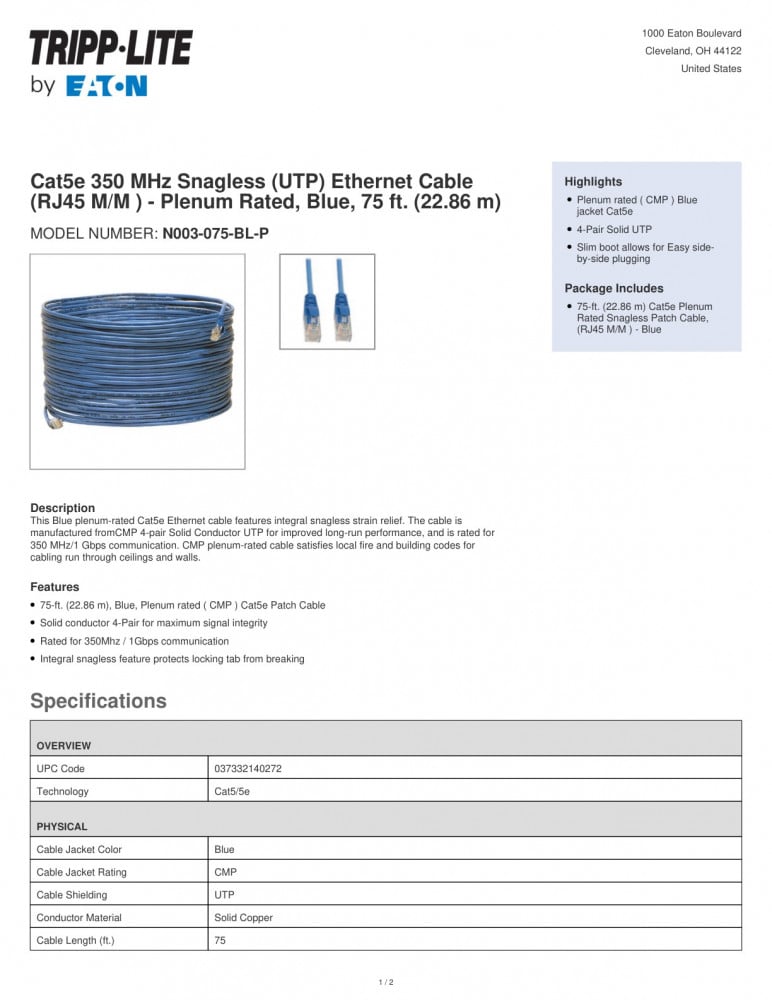 N003-075-BL-P technical document page 1