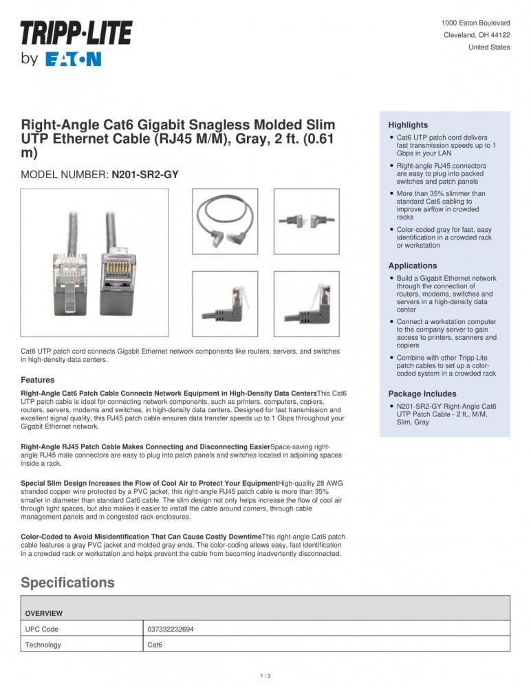 N201-SR2-GY technical document page 1