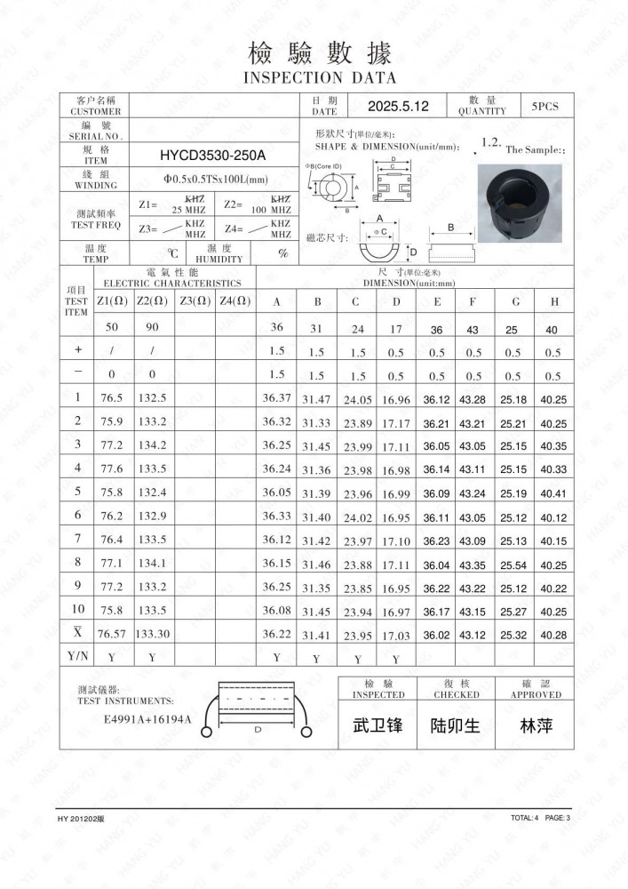 HYCD3530-250A inspection data page