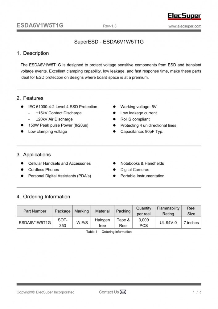 ESDA6V1W5T1G datasheet page 1