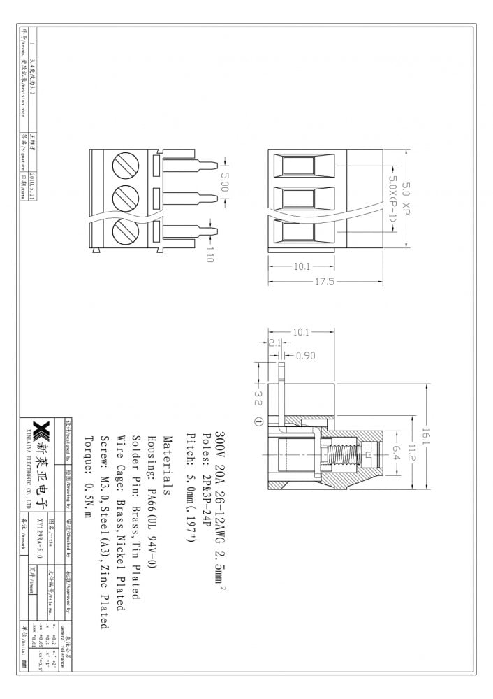 XY129R-A-5.0 terminal block technical drawing