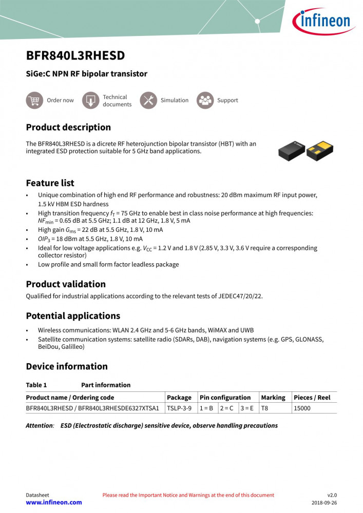BFR840L3RHESD datasheet page 1