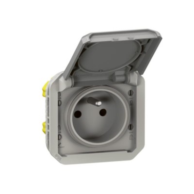 Plexo - French standard socket outlet - Grey 2P+E 16A 250V AC - IP55 IK08 impact-resistant with hinged lid for sale