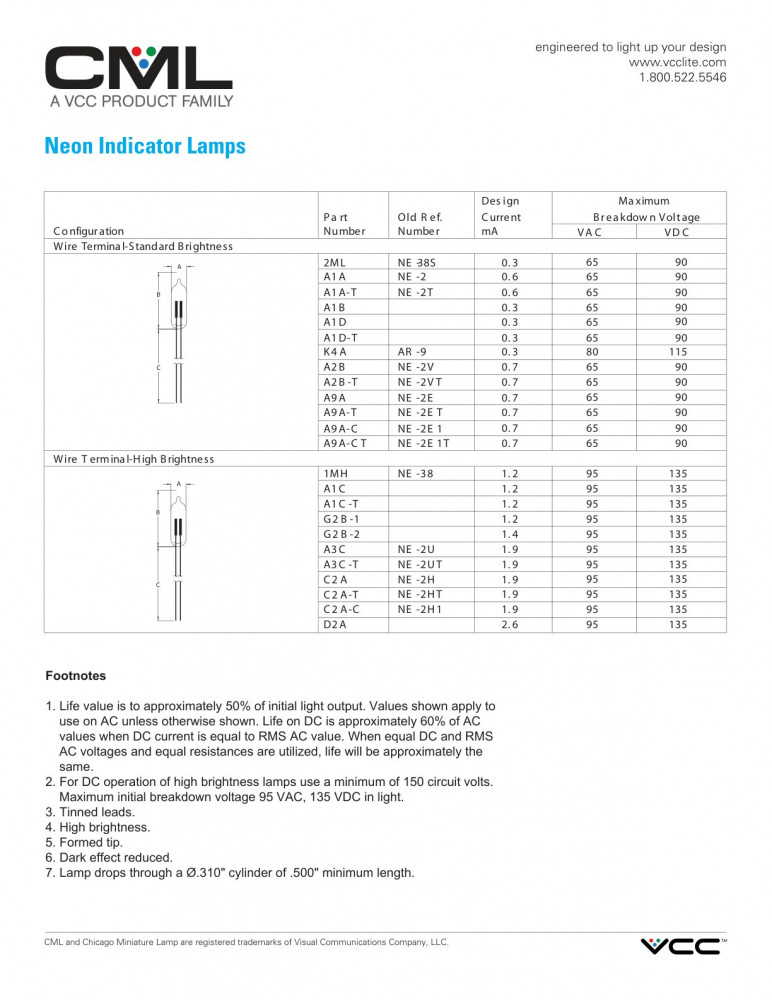 A1B neon indicator lamp technical document, page 1