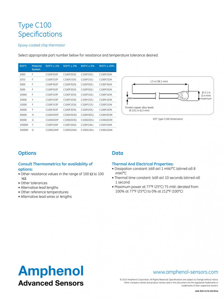 C100 Type NTC thermistor dimensions and thermal data