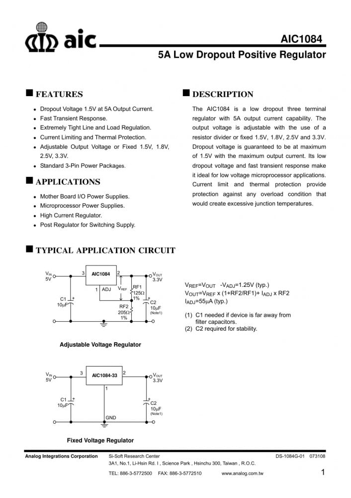 AIC1084 datasheet page 1