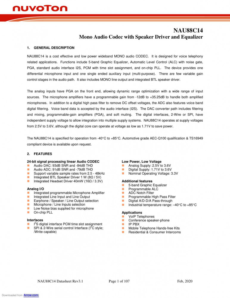 NAU88C14 datasheet page 1
