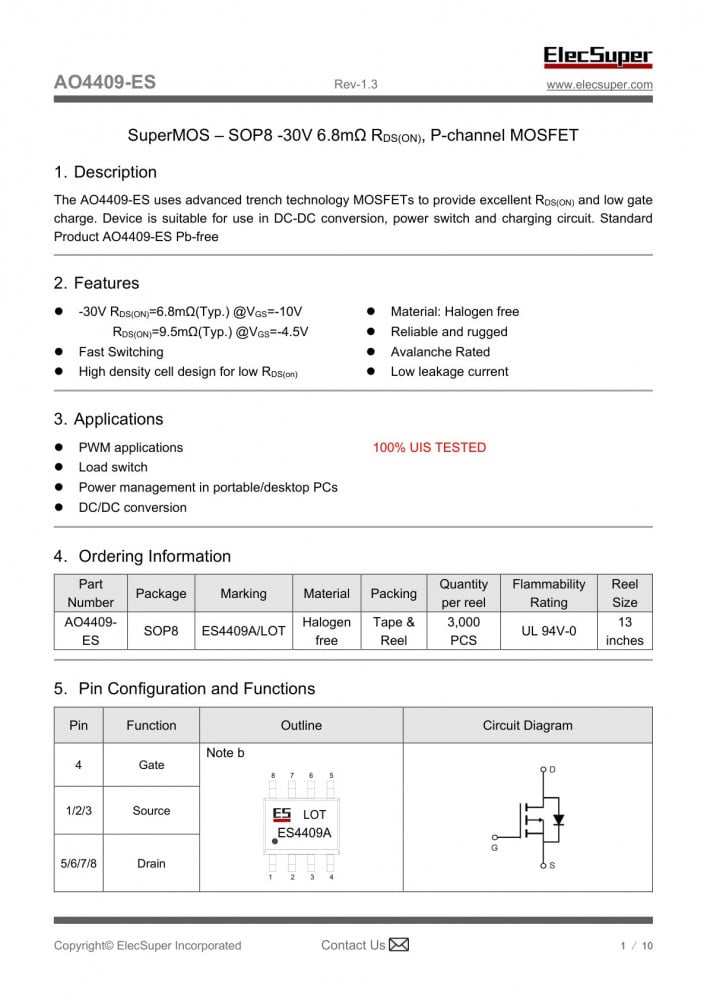 AO4409-ES datasheet page 1
