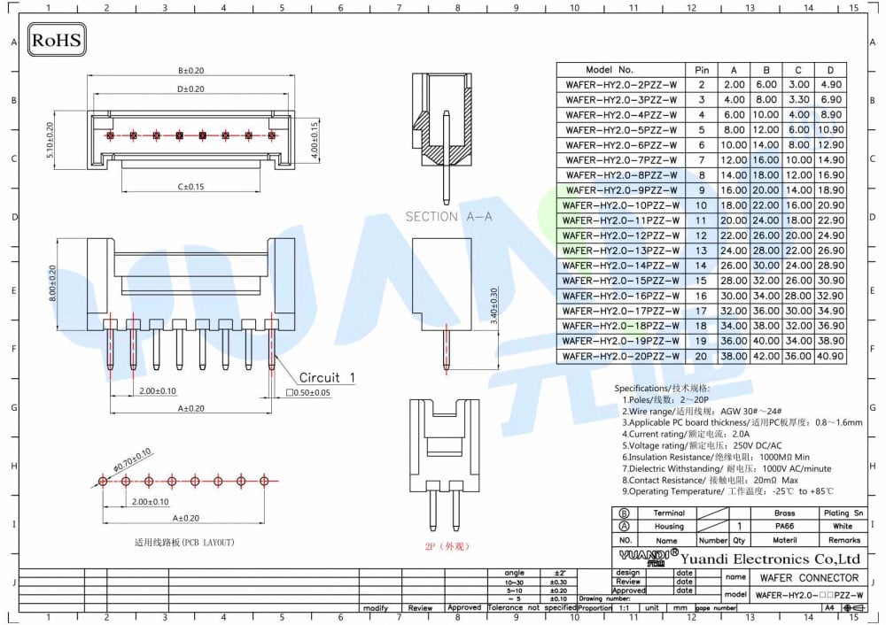 YUANDI WAFER-HY2.0-2PZZ-W technical drawing