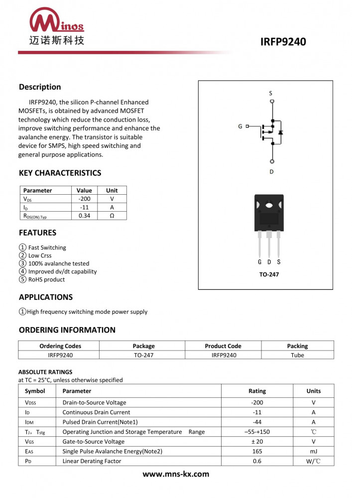 IRFP9240 datasheet page 1