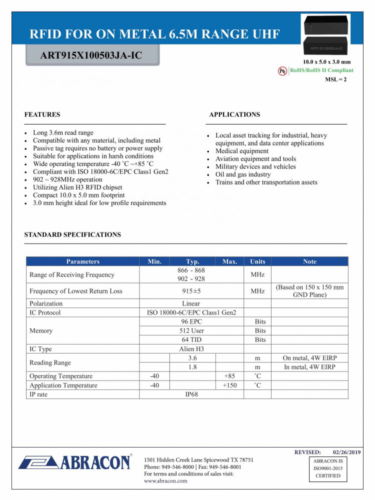 ART915X100503JA-IC technical document page 1