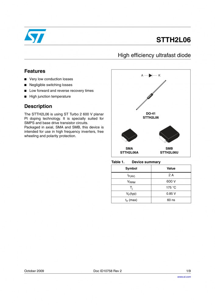 STTH2L06 datasheet page 1