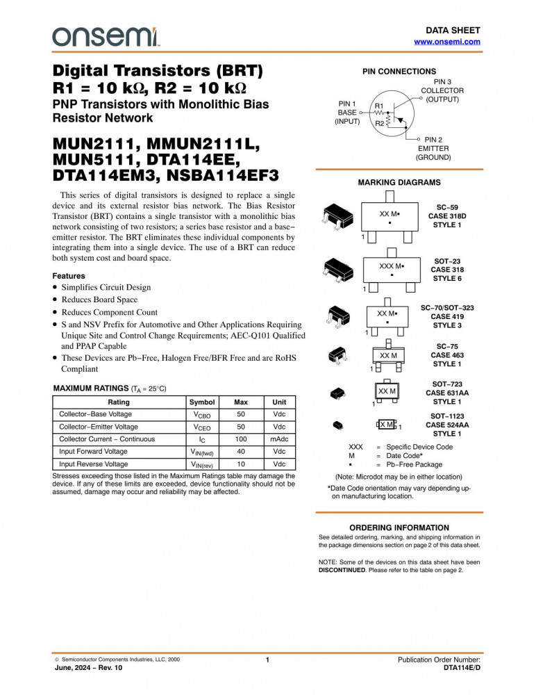 SMUN5111T1G datasheet page 1