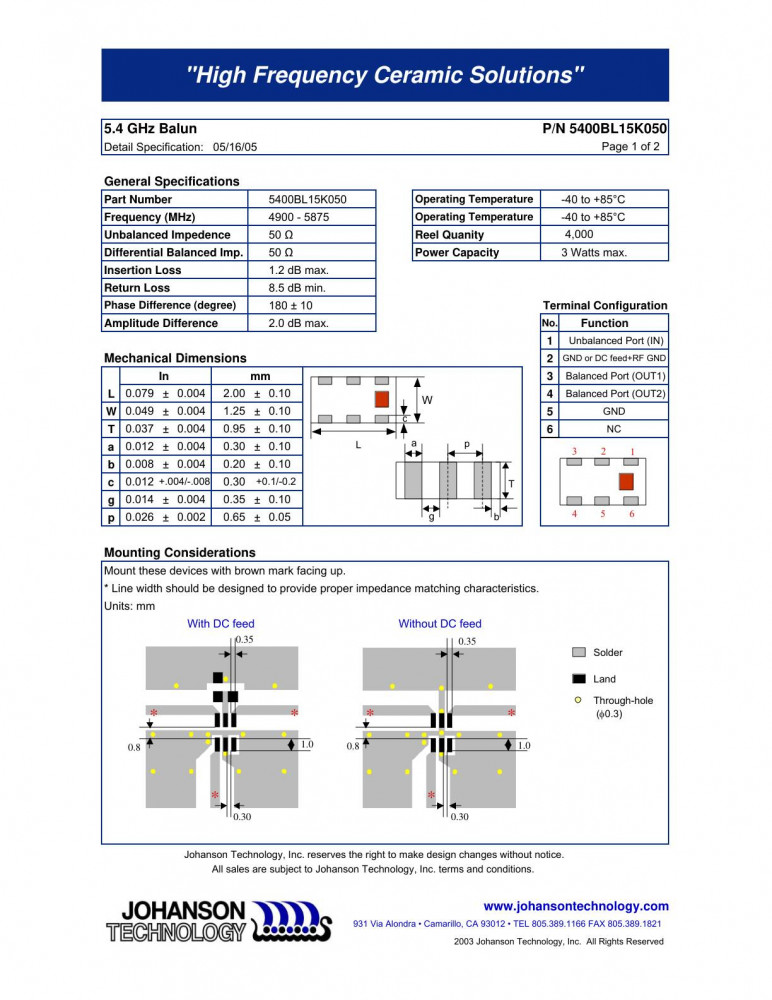 5400BL15K050E product specifications and mechanical information