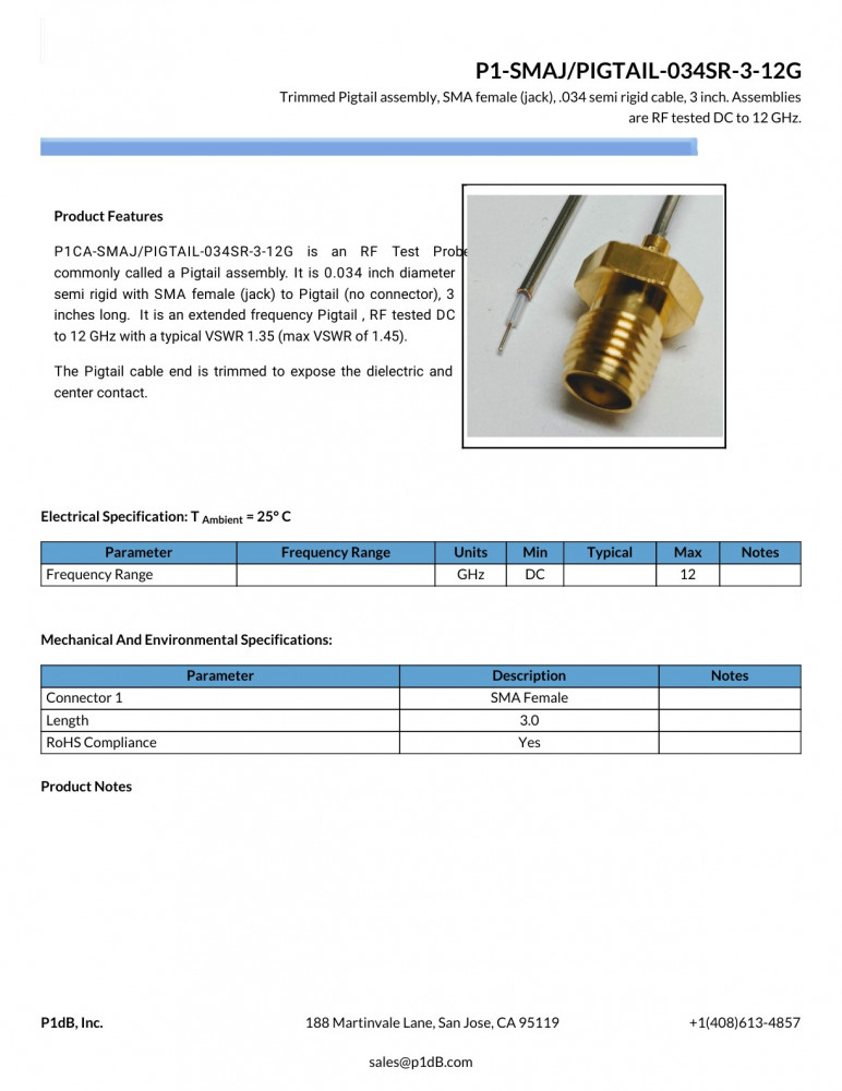 P1dB RF test pigtail product document image
