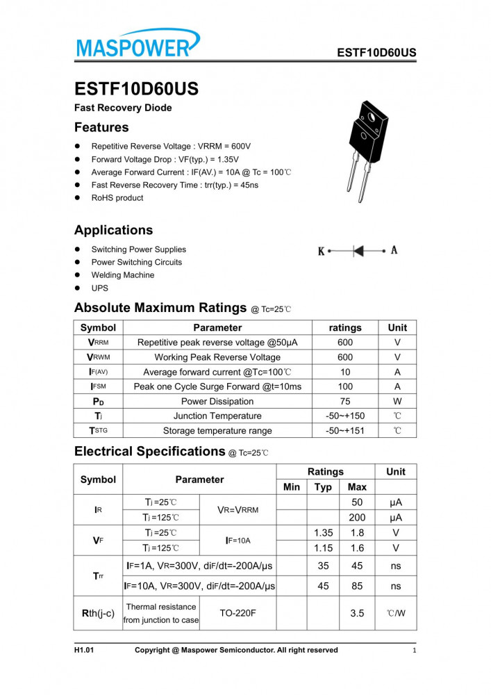 ESTF10D60US technical document page 1