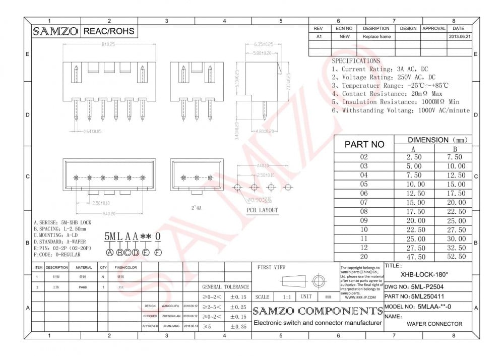 SAMZO 5MLAA series wafer connector technical drawing
