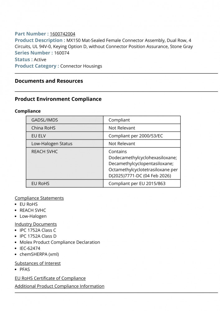 Technical document image 1 for MOLEX 1600742004