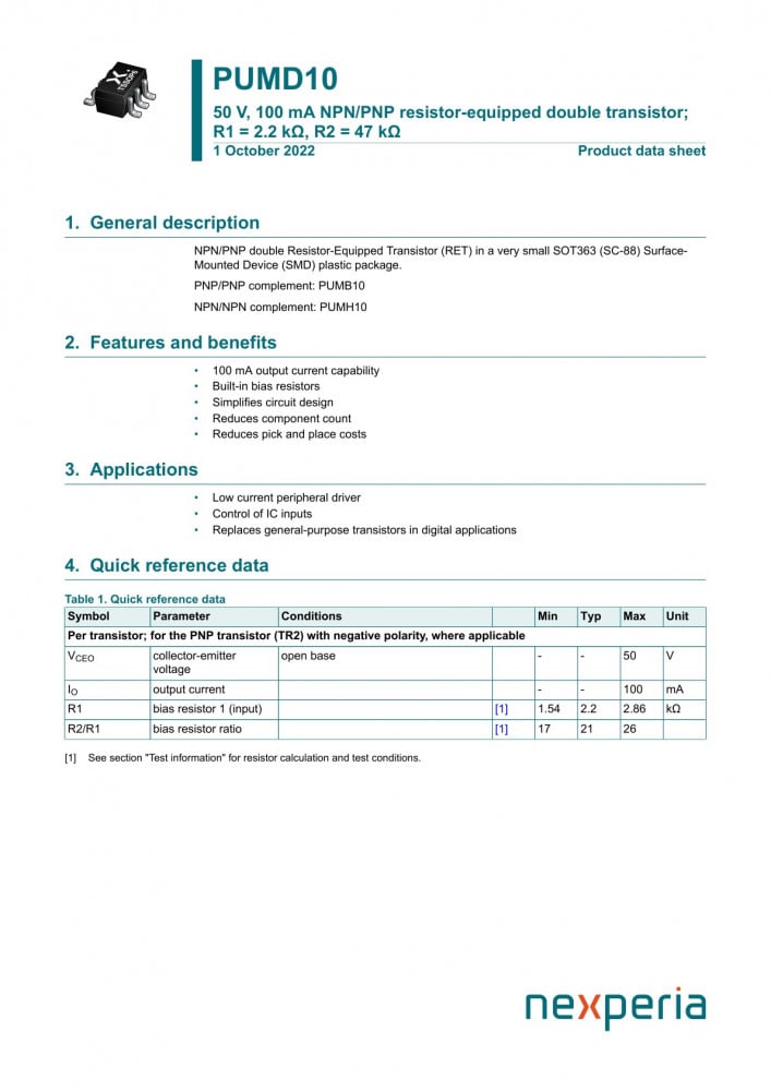 PUMD10 datasheet page 1