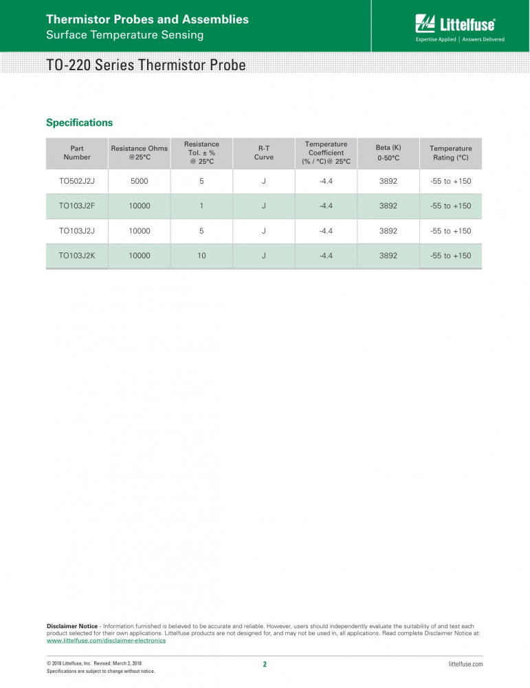 TO-220 thermistor probe dimensions and specifications