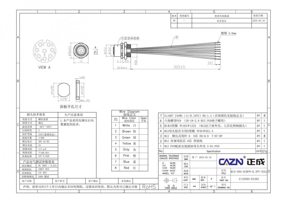 CAZN M12-S8A-GCBP9-0.3PV-NZGJ technical drawing