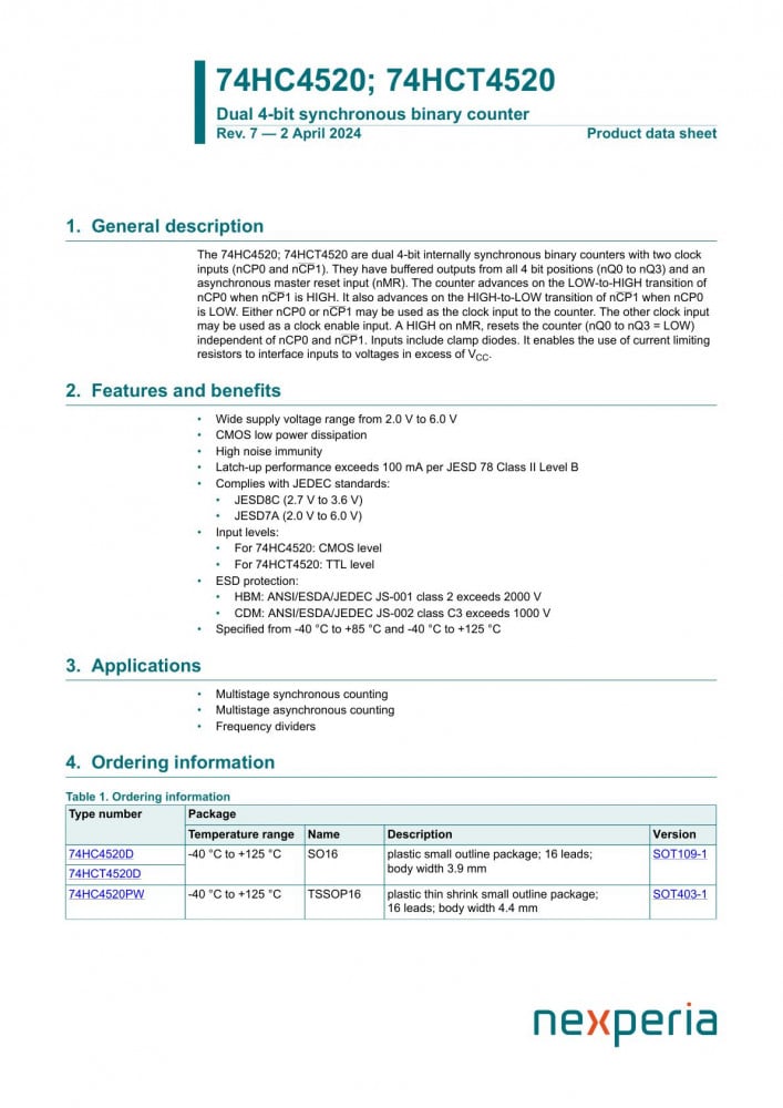 74HC4520 datasheet page 1