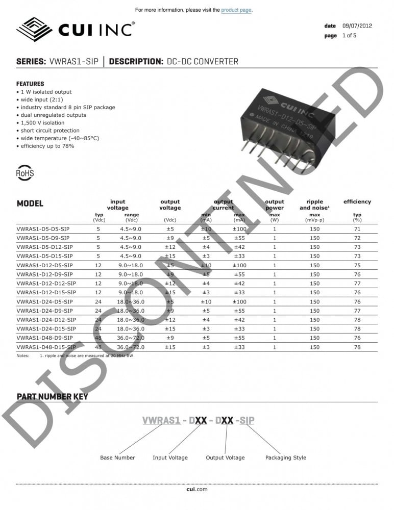 CUI VWRAS1-SIP datasheet page 1